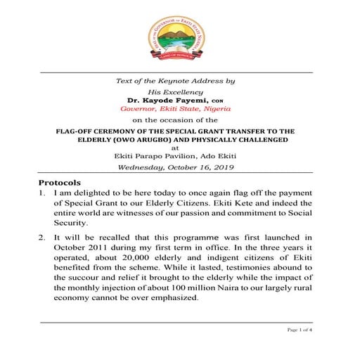 FLAG-OFF CEREMONY OF THE SPECIAL GRANT TRANSFER TO THE ELDERLY (OWO ...