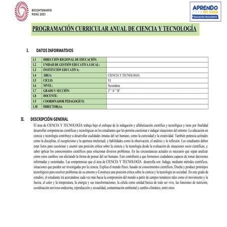 PROGRAMACIÓN CURRICULAR ANUAL DE CIENCIA Y TECNOLOGÍA | PDF