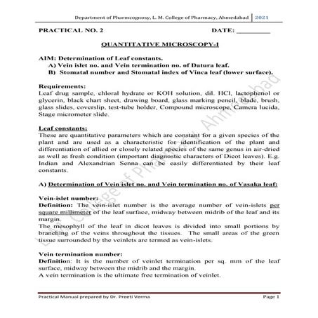 Leaf constants practical manual for B. Pharm. 3- By Dr. Preeti Verma | PDF