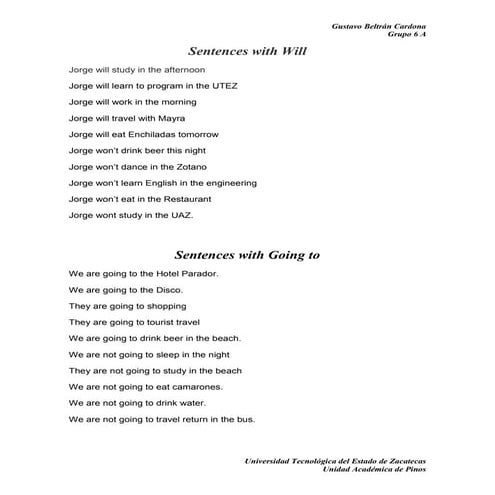 sentences with will and going to | DOCX