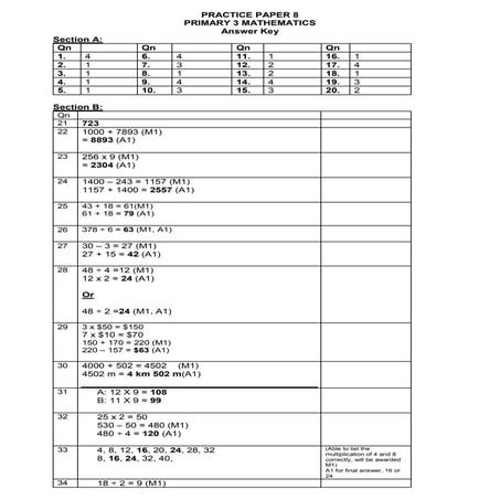 P3 Math Practice Paper 8 2013 Answer Key | DOCX