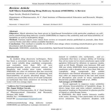 Self Micro Emulsifying Drug Delivery System (SMEDDS): A Review | PDF
