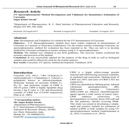 Uv Spectrophotometric Method Development And Validation For Quantitative Estimation Of Curcumin