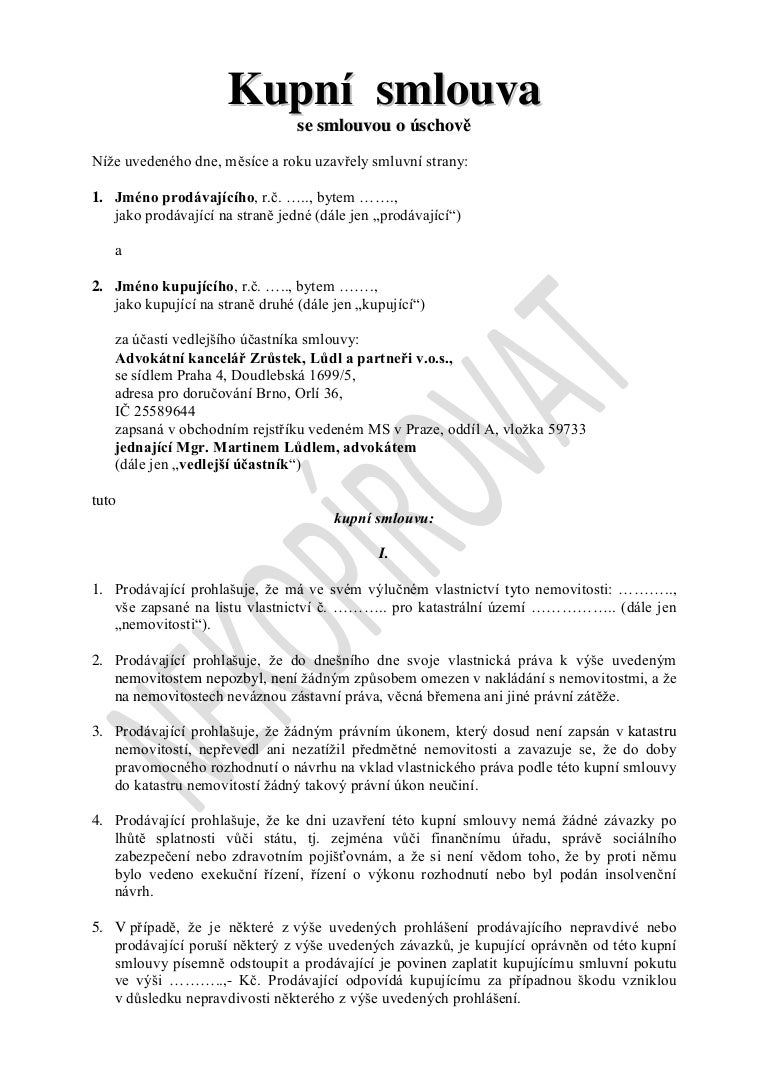 Kupní smlouva bez úvěru, vzor SDK reality Brno