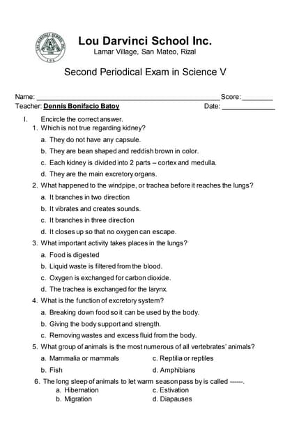 sample test questionnaire in Biological Science | DOCX