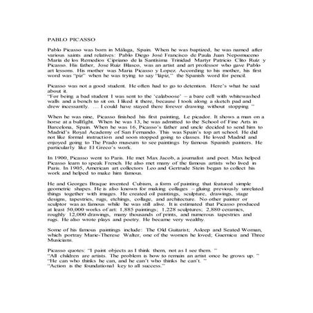 Pablo Picasso - Biography | DOCX | Arts and Crafts | Hobbies & Interests
