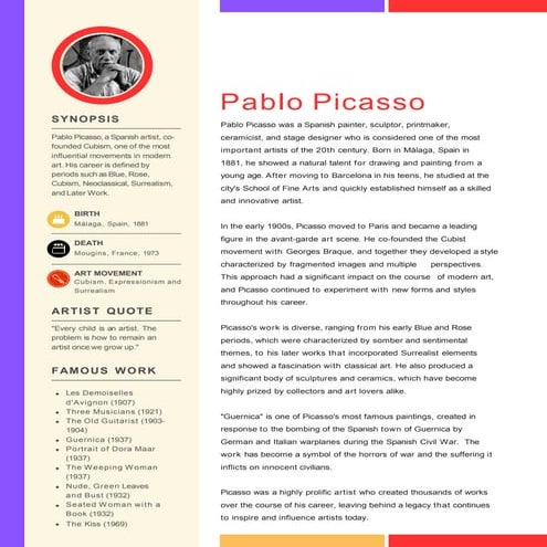 Artists Pablo Picasso Synopsis Biography | PPTX | Painting | Arts and ...