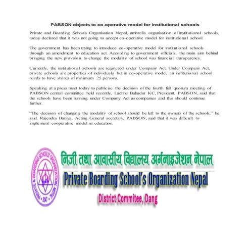 PABSON objects to co-operative model for institutional schools | PDF