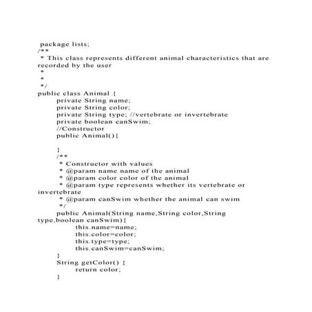 package lists; This class represents different animal ch.docx