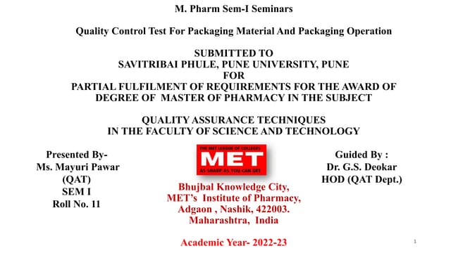 Quality control of packaging Material and filling Equipment | PPTX