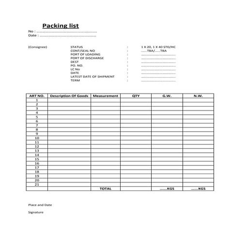Packing list | DOCX