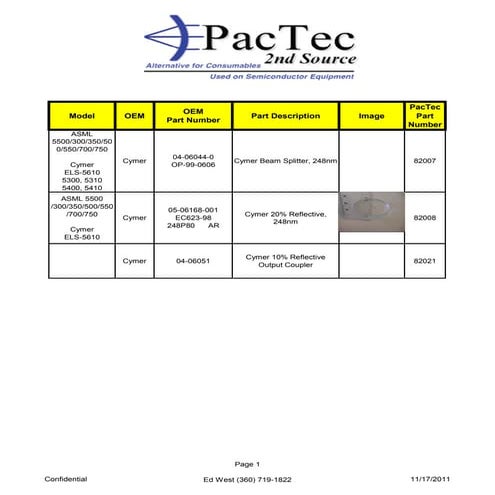 PacTec 2nd Source Cymer Parts List | PDF