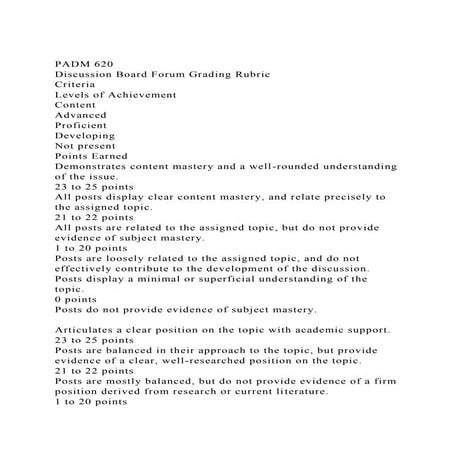 PADM 620Discussion Board Forum Grading RubricCriteriaLevels .docx