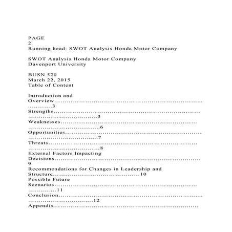 PAGE 2Running head SWOT Analysis Honda Motor CompanySW.docx