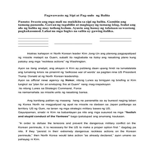 Pagwawasto ng sipi at pag pagsasanay | DOCX