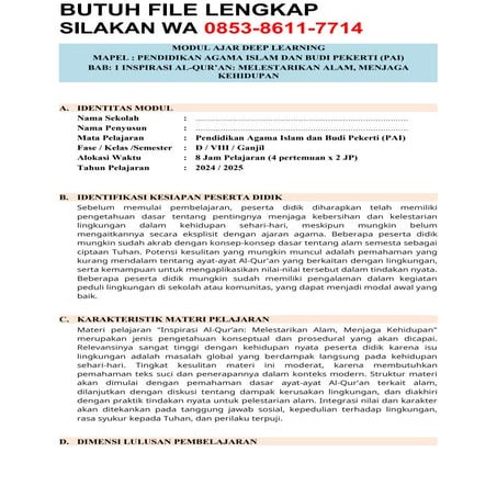 Modul Ajar Pembelajaran Mendalam PAI & BP Kelas 8 Terbaru 2025 | DOCX