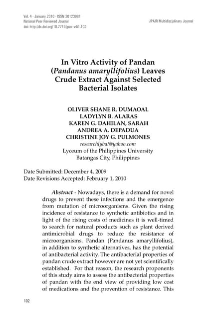 “EFFECTIVENESS OF MAKABUHAY (Tinospora rumphii Boerl) STEM EXTRACT IN ...