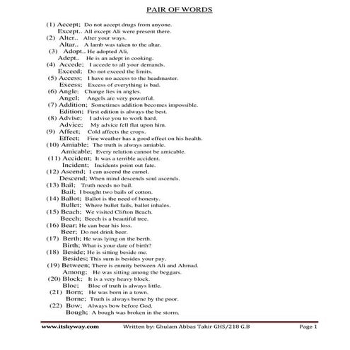 Pair of words Rana Abu Bakar 10th class | PDF