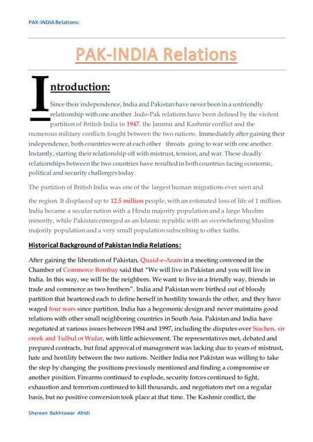 Relationship between india and pakistan | PPTX