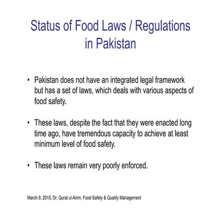 Pakistan Status of Food Laws and Regulations 2015 | PDF