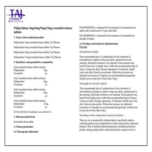 Paliperidone ER Tablets Taj Pharma SmPC | PPT