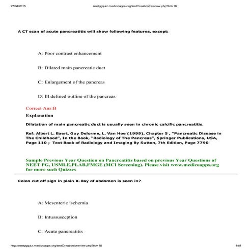 Pancreatitis sample questions based on neet pg , usmle, plab and fmge ...