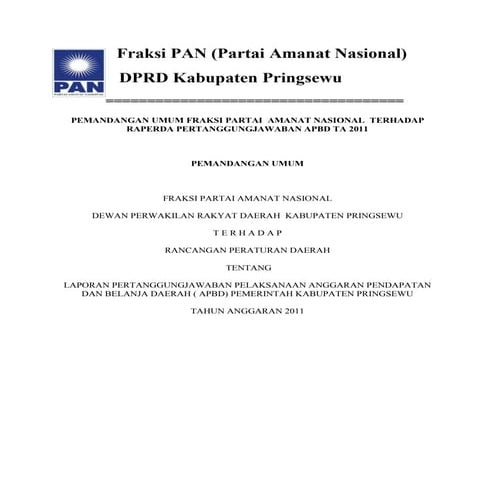 Pandangan umum fraksi pan tt lpj apbd 2011 | DOCX