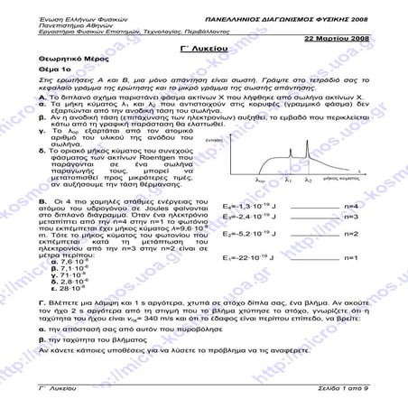 Πανελλήνιος Διαγωνισμός Φυσικής Γ΄ Λυκείου 2008/ Θέματα και Λύσεις | PDF