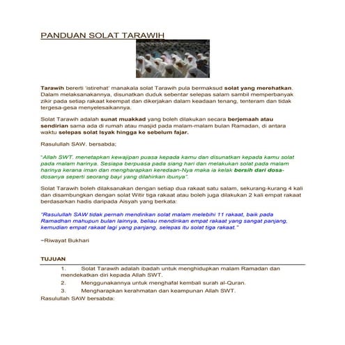 Panduan solat sunat tarawih 20 rakaat | PDF