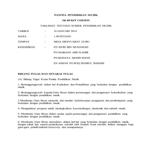 Minit mesyuarat panitia muzik kali pertama