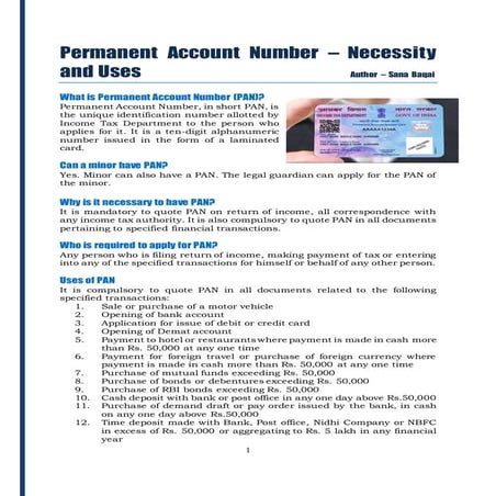 Permanent Account Number (PAN) Necessity and Uses - Tax Literacy | Sana ...