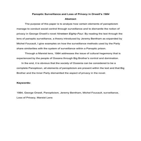 Panoptic surveillance and loss of privacy in Orwell's Novel 1984 | PDF