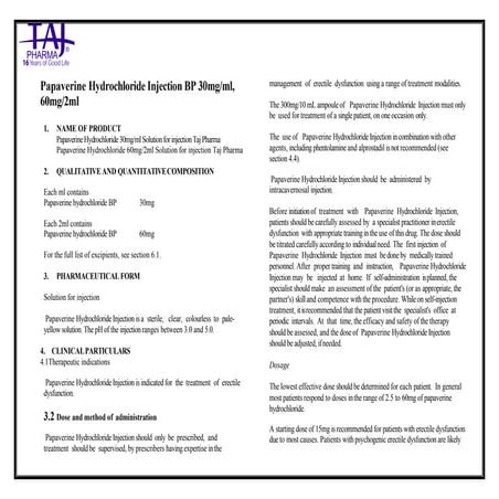 Papaverine HCl Injection BP Taj Pharma SmPC | PDF