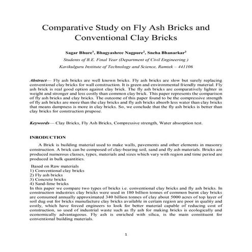 Comparative Study on Fly Ash Bricks and Conventional Clay Bricks | PDF