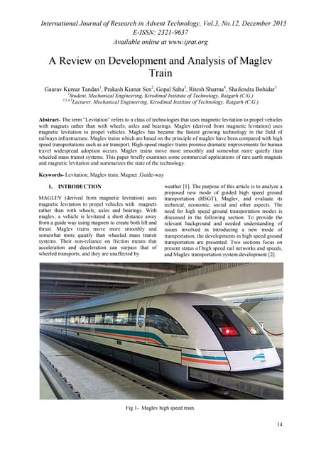 Advanced IOT BASED SOLAR AND MOTOR OPERATED ELECTROMOTIVE MAGLEV TRAIN ...