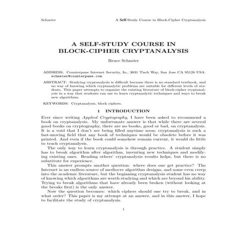 A SELF-STUDY COURSE IN BLOCK-CIPHER CRYPTANALYSIS Bruce Schneier | PDF