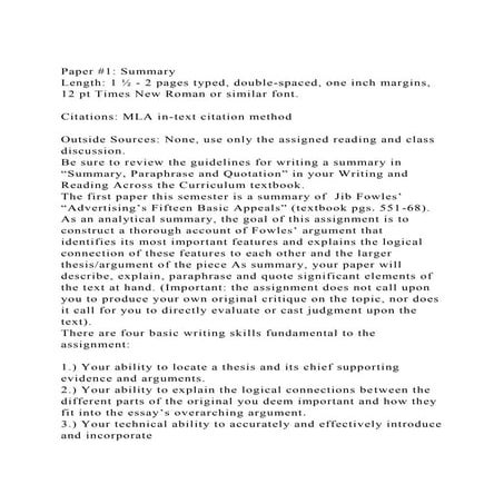 Paper #1 SummaryLength 1 ½ - 2 pages typed, double-spaced, one.docx