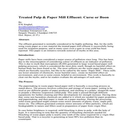 Paper Mill Effluents By D K Singhal | PDF
