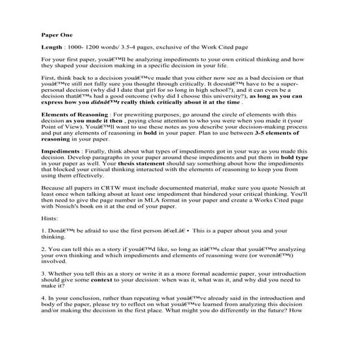 Paper OneLength- 1000- 1200 words- 3-5-4 pages- exclusive of the Work.docx