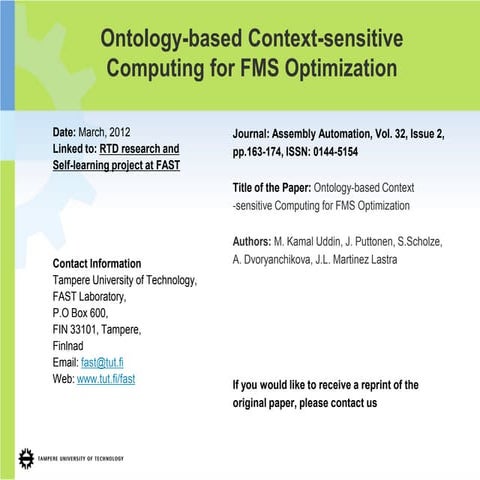Ontology Based Context Sensitive Computing For Fms Optimization Pptx Computer Software And
