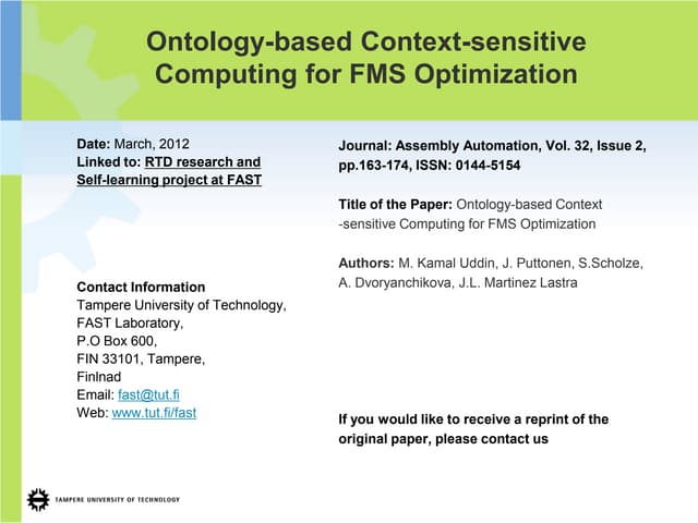 Ontology Based Context Sensitive Computing For Fms Optimization Pptx Computer Software And