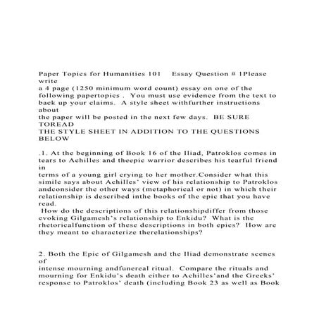 Paper Topics for Humanities 101 Essay Question # 1Pleas.docx