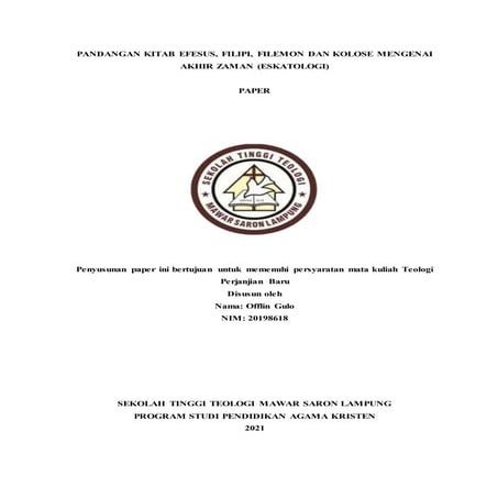 Papper pandangan akhir zaman dalam surat efesus, filipi, filemon dan ...