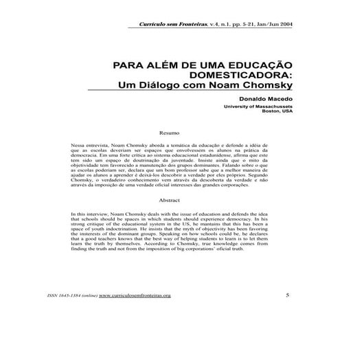 Para Além de uma Educação Domesticadora, Um diálogo com Noam Chomsky ...