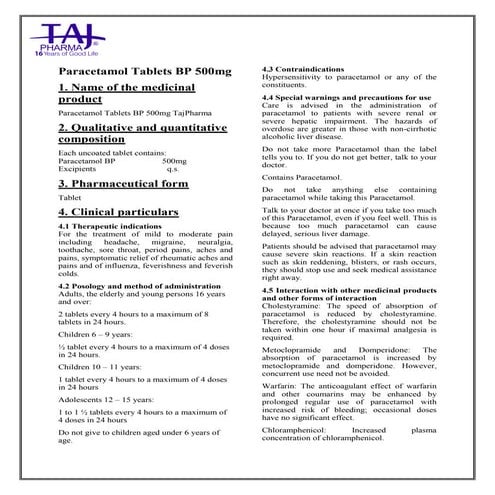 Paracetamol Tablets BP Taj Pharma SmPC | PDF