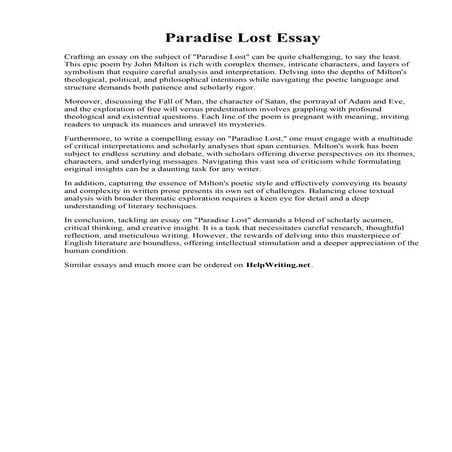 Paradise Lost Essay. Paradise Lost as a Masterpiece in English ...