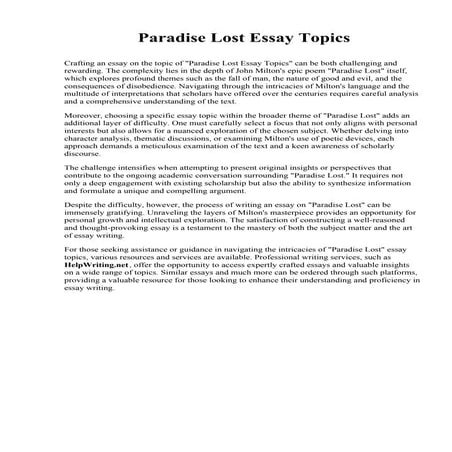 Paradise Lost Essay Topics. Southern Utah University | PDF