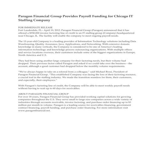 Paragon financial group provides payroll funding for chicago it ...