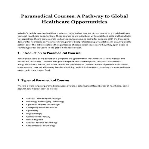 Paramedical Courses: A Pathway to Global Healthcare Opportunities | PDF
