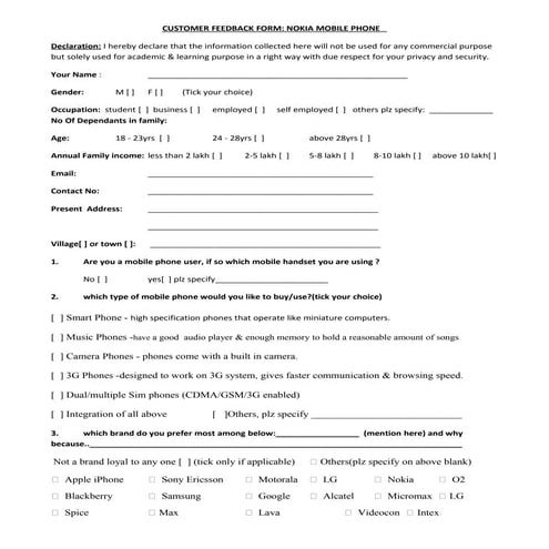 nokia customer feedback form made by paramesh | DOC